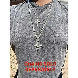 HarlemBling Real 925 Sterling Silver - Iced Baguette Cross W. Jesus Pendant - 3 Sizes Great For Any Necklace 1-2.5" (Medium 1.5")