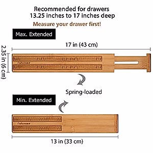 Drawer Dividers Pack of 2, Adjustable Bamboo Clothing Drawer Organizers Spring-loaded, Durable Organization Separators for Dresser, Bedroom, Bathroom, Office, 13.25-17 in
