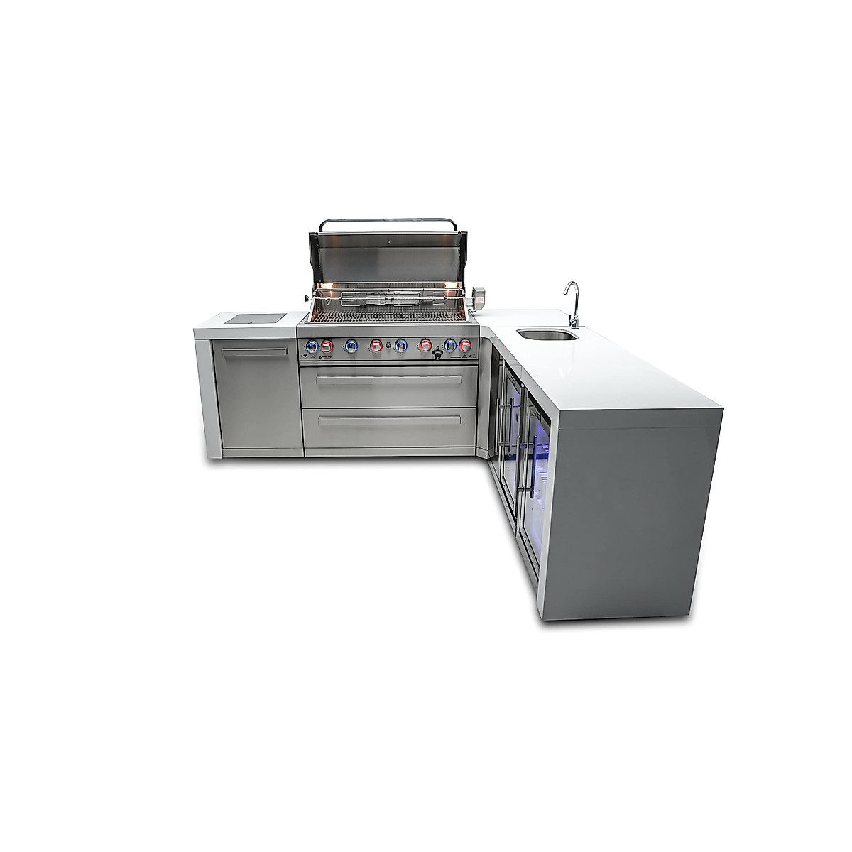 Mont Alpi MAi805-D90BEVFC 44-inch 6-Burner 115000 BTU 90 Degree Corner Deluxe Stainless Steel Gas Outdoor Kitchen Barbecue Island Grill + Lockable Compact Refrigerator + Faucet & Sink + Rotisserie Kit