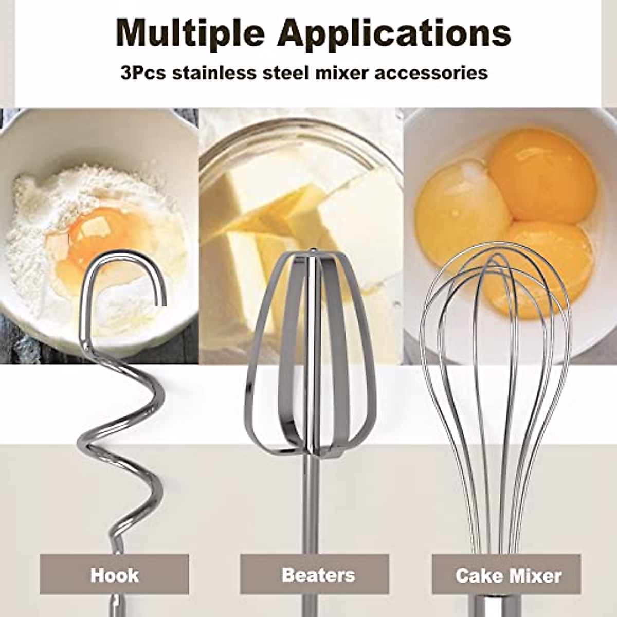 EASYDRILL 3Pcs Hand Mixer Attachments Set for Electric Drill,Stainless Steel Kitchen Mixer Handheld Attachments Set 7.5inch for Electric Drill Dishwasher Safe(1 Beater, 1 Dough Hooks, 1 Balloon Whisks)