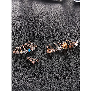 JOVITEC 16 Pieces Nose Stud for Women 20 g Nose Ring Set Bone Nose Studs l Shaped Surgical Stainless Steel Cartilage Tragus Piercing Rose Gold Ball Sapphire Labret Jewelry