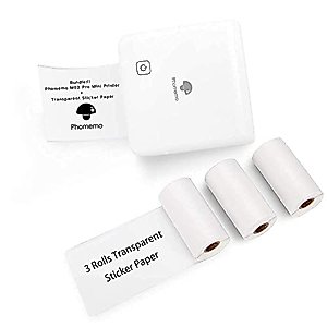 Phomemo M02 Pro Mini Thermal Printer- Bluetooth Photo Printer with 3 Rolls Transparent Sticker Paper, Compatible with iOS + Android for Plan Journal, Study Notes, Art Creation, Work, Gift, White