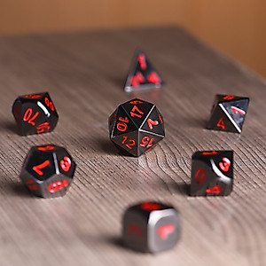 Frienda Zinc Alloy Metal Polyhedral 7-die Dice Set Compatible with Dungeons and Dragons RPG Dice Gaming Math Teaching, D20, D12, 2 Pieces D10 (00-90 and 0-9), D8, D6 and D4 (Black and Red)