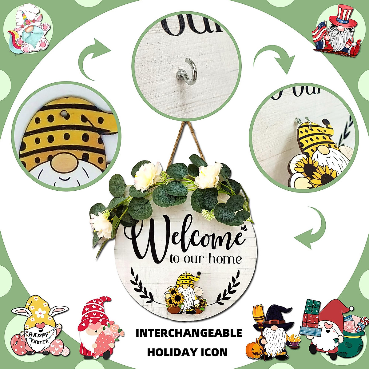 Mrocioa Welcome Sign, 14 x 14 inches, Decorative Signage with Interchangeable Gnome Icons, Seasonal Wood Wreaths Front Door Decorations, Housewarming Gift