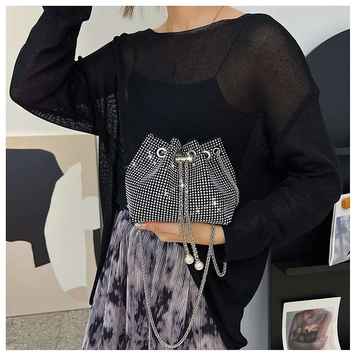 Anopo Full Rhinestones Bucket Clutch Purse Pearl Handbag Bridal Lady Sparkly Bling Evening Crossbody Bag Wedding Party Prom Silver