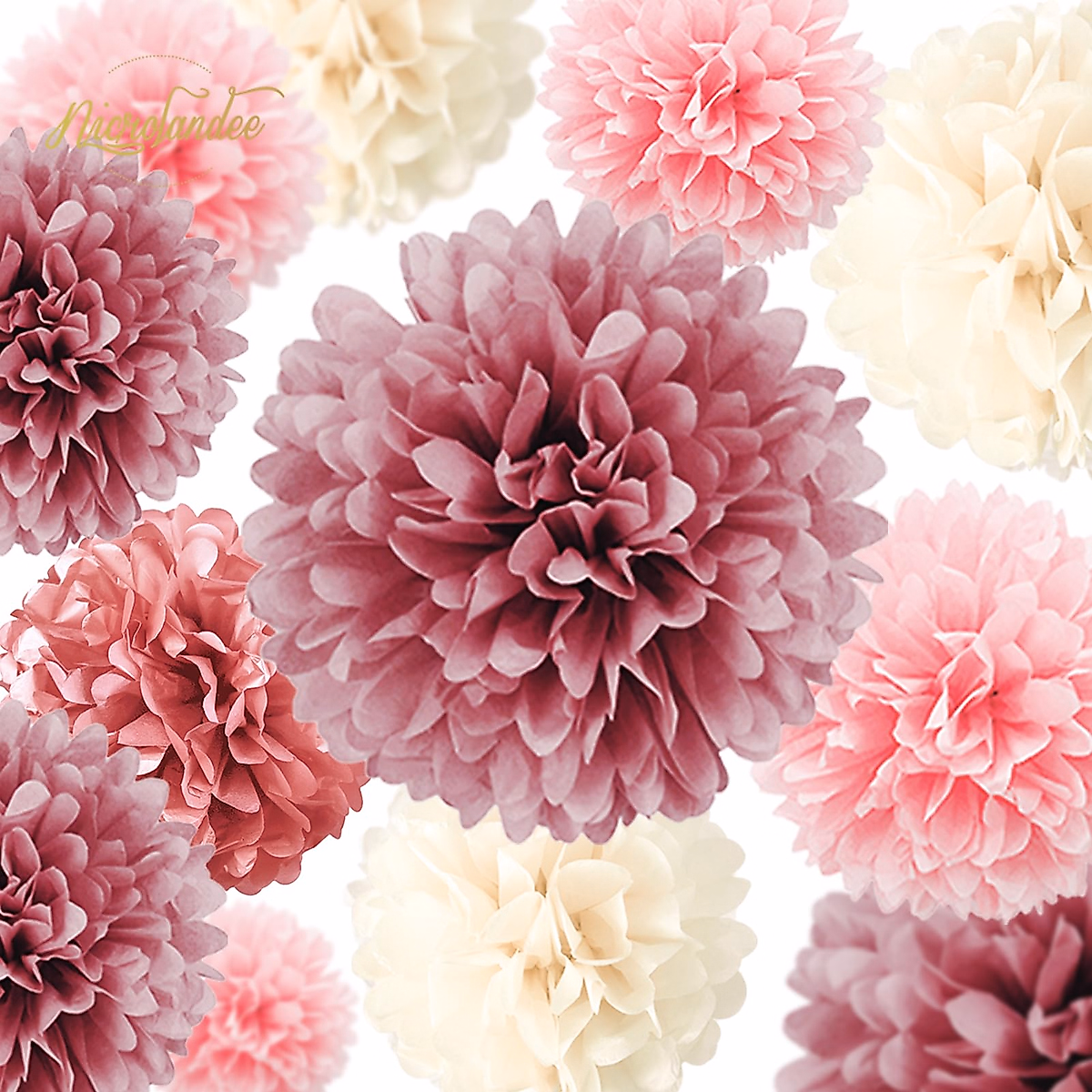 NICROLANDEE 15PCS Dusty Rose Blush Pink Tissue Pom Poms Flowers for Wedding, Bridal Shower, Sweet Birthday, Baby Shower, Engagement, Bachelorettes, Valentine Pink Party Decorations Paper Garland