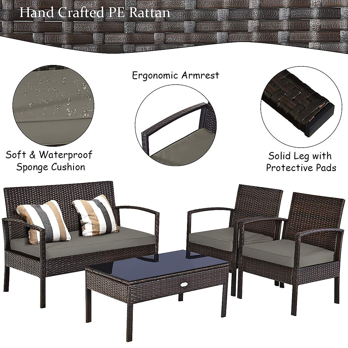 Toolsempire Outdoor Conversation Set 4 Pieces Patio Furniture, Wicker Patio Chair Sofa Set with Water-Resistant Dark-Brown Cushion & Tempered Glass Table for Backyard, Balcony, Porch(Brown)