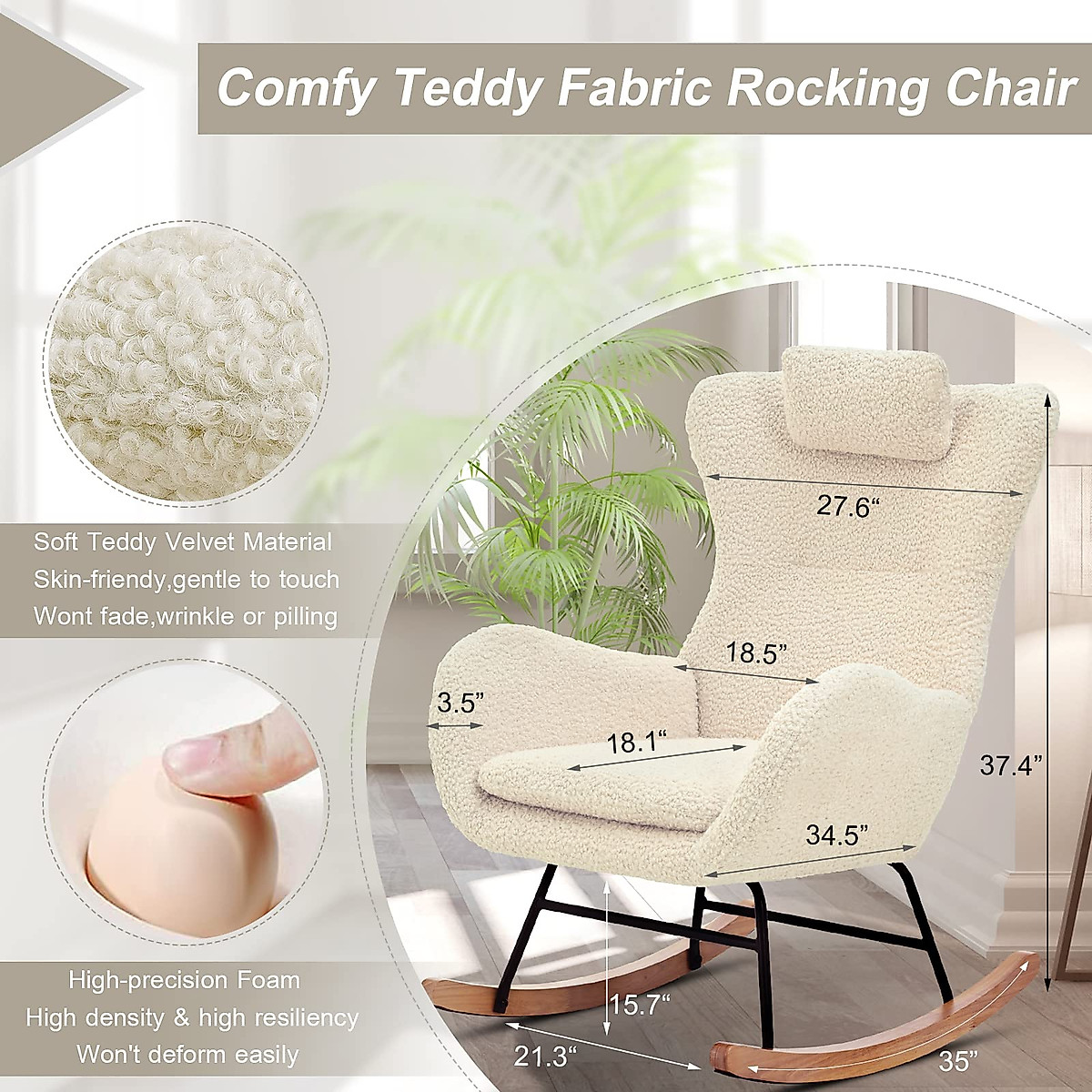 Kvutx Teddy Upholstered Nursery Rocking Chair - Comfy Beige Glider Rocker with Padded Seat, High Backrest, and Armrests for Living Room Bedroom Offices (Beige)