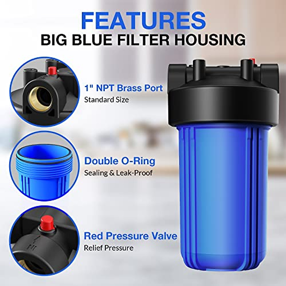 SimPure Whole House Water Filter Housing (DB10P), 10" x 4.5" Sediment Carbon Cartridge Universal Housing, Pre-Filtration System for Well and City Water, 1" NPT Port, Pressure Release