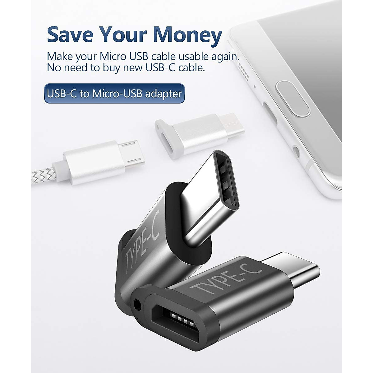 JSAUX Micro USB (Female) to USB C Adapter 4-Pack, Aluminum USB Type C Adapter with Keychain Fast Charging Compatible with Samsung Galaxy S10 S9 S8 Plus Note 9 8, LG V30 G5 G6, Moto Z Z2, more (Grey)