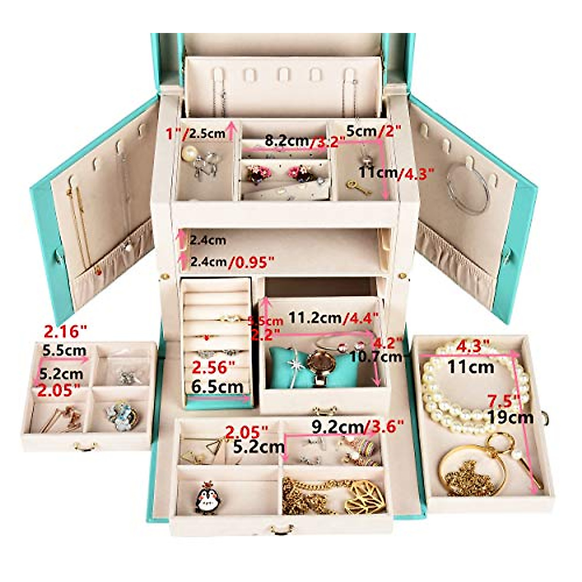 SANSREPONSE Jewelry Box Large Organizer Faux-Leather with Mirror Drawers Lock Gift for Women (TF Blue-L)