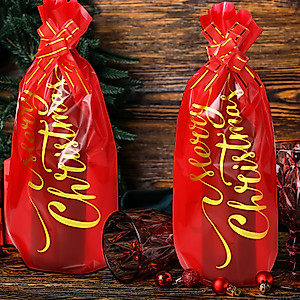 Teling 100 Pcs Christmas Wine Bottle Gift Bags Cellophane Bag Red Merry Christmas Wine Bag Cover Including 50 Pcs Wine Wrapping Bags and 50 Pcs Pull Bows for Christmas Holiday Party
