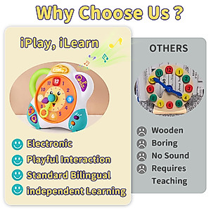 iPlay, iLearn Electronic Teaching Telling Time Learn Clock Toy, Kids Bilingual Teach and Talk Play Clock, Time Activity Toys, Kindergartn Homeschool Supplies for 4 5 6 7 8 Year Old Girls Boys Children