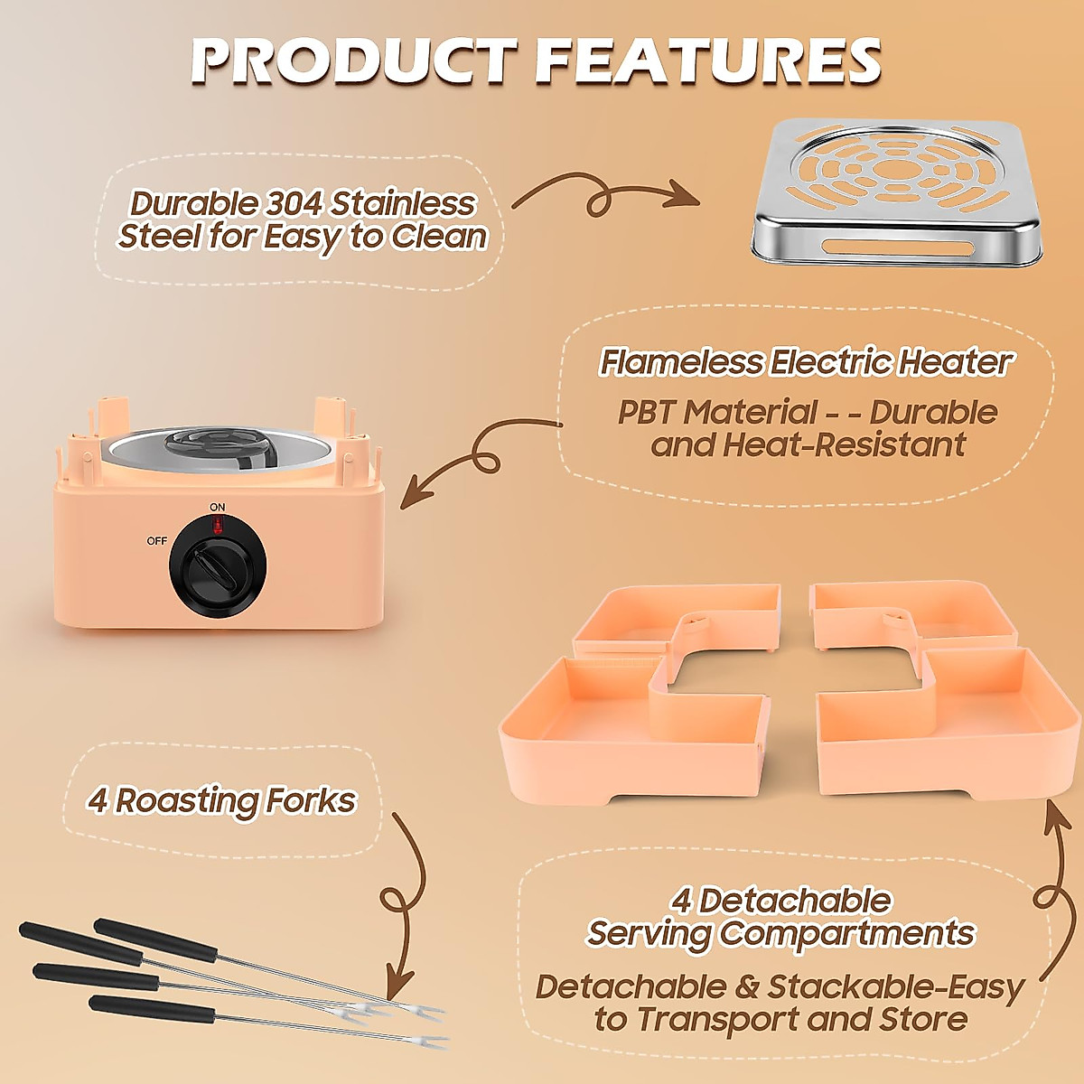 ARNVCS Indoor Smore Maker Electric, S'mores Maker Tabletop Indoor, Marshmallow Roaster Table Top with Flamesless Heater & 4 Serving Trays & 4 Skewers for Chocolate, Family Kids Fun-Peach Color