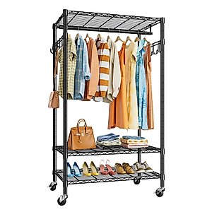 TONNSO T03-P Rolling Garment Rack Heavy Duty Clothes Rack for Hanging Clothes, Portable Closet Wardrobe with Wheels and Side Hooks, Adjustable Freestanding Metal Clothing Rack with Shelves, Black