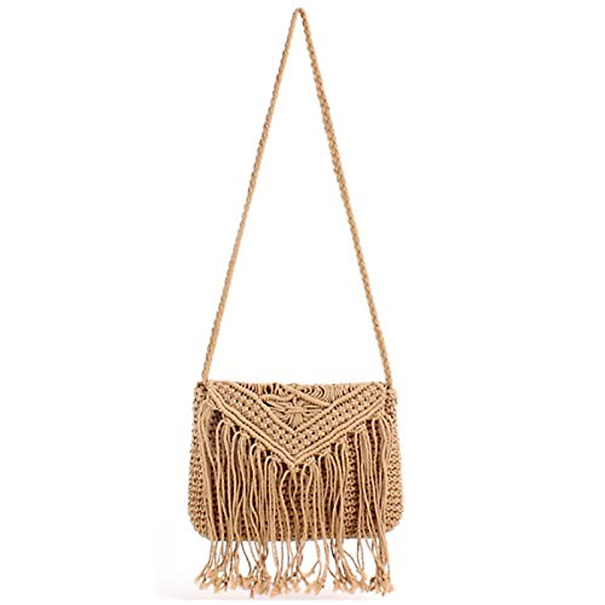 Meyaus Women Small Fringed Cotton Crochet Cross-body Bag Bohemian Shoulder Bag Purse