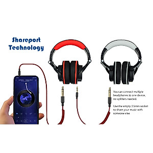 Prosonic DJ2R Over Ear Headphone, Wired Bass Headset with 40mm driver, Foldable lightweight headphones with Shareport and Mic for Recording Monitoring Mixing Podcast Guitar PC TV (Black Red)