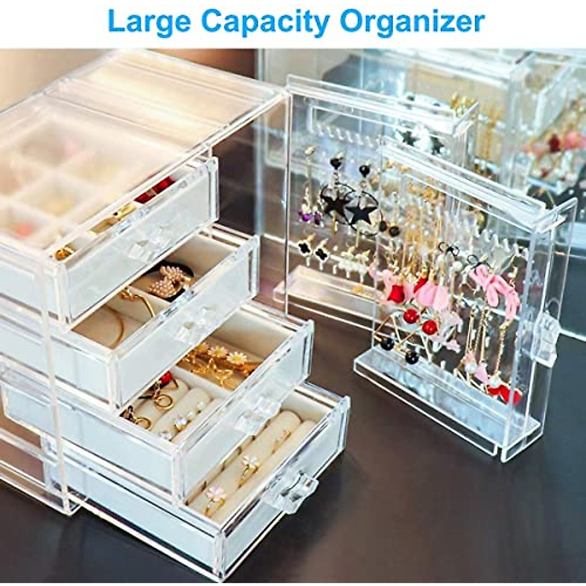 Acrylic Jewelry Organizer Box, Clear Earring Holder Jewelry Hanging Boxes with 4 Velvet Drawers for Earrings Ring Necklace Bracelet Display Case Gift for Women, Girls