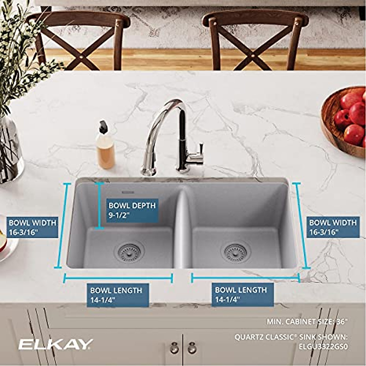Elkay Quartz Classic ELGU3322GS0 Greystone Equal Double Bowl Undermount Sink