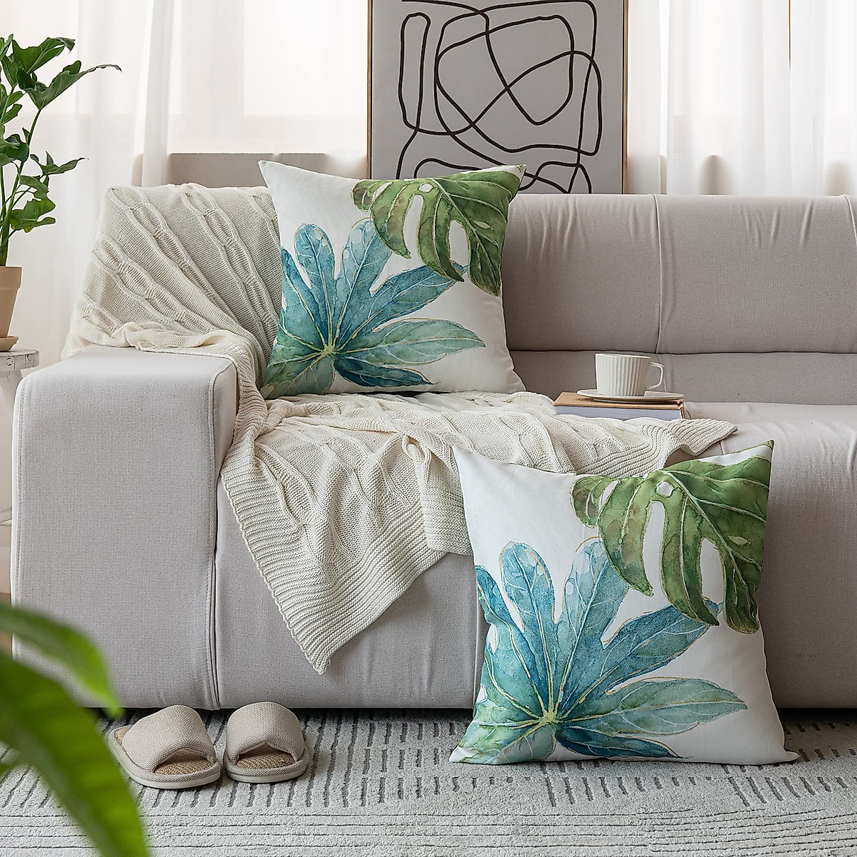 Green Tropical Leaves Throw Pillow Covers Set of 2 Decorative Monstera Palm Leaf Couch Pillow Case Botanical Plant Outdoor Pillow Covers Waterproof Fabric for Patio Bedroom Living Room, 18" x 18", C2