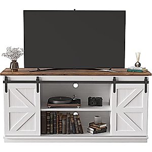 JUMMICO Farmhouse TV Stand up to 65 Inches, Mid Century Modern Entertainment Center with Sliding Barn Doors and Storage Cabinets, Metal Media TV Console Table for Living Room Bedroom (Bright White)