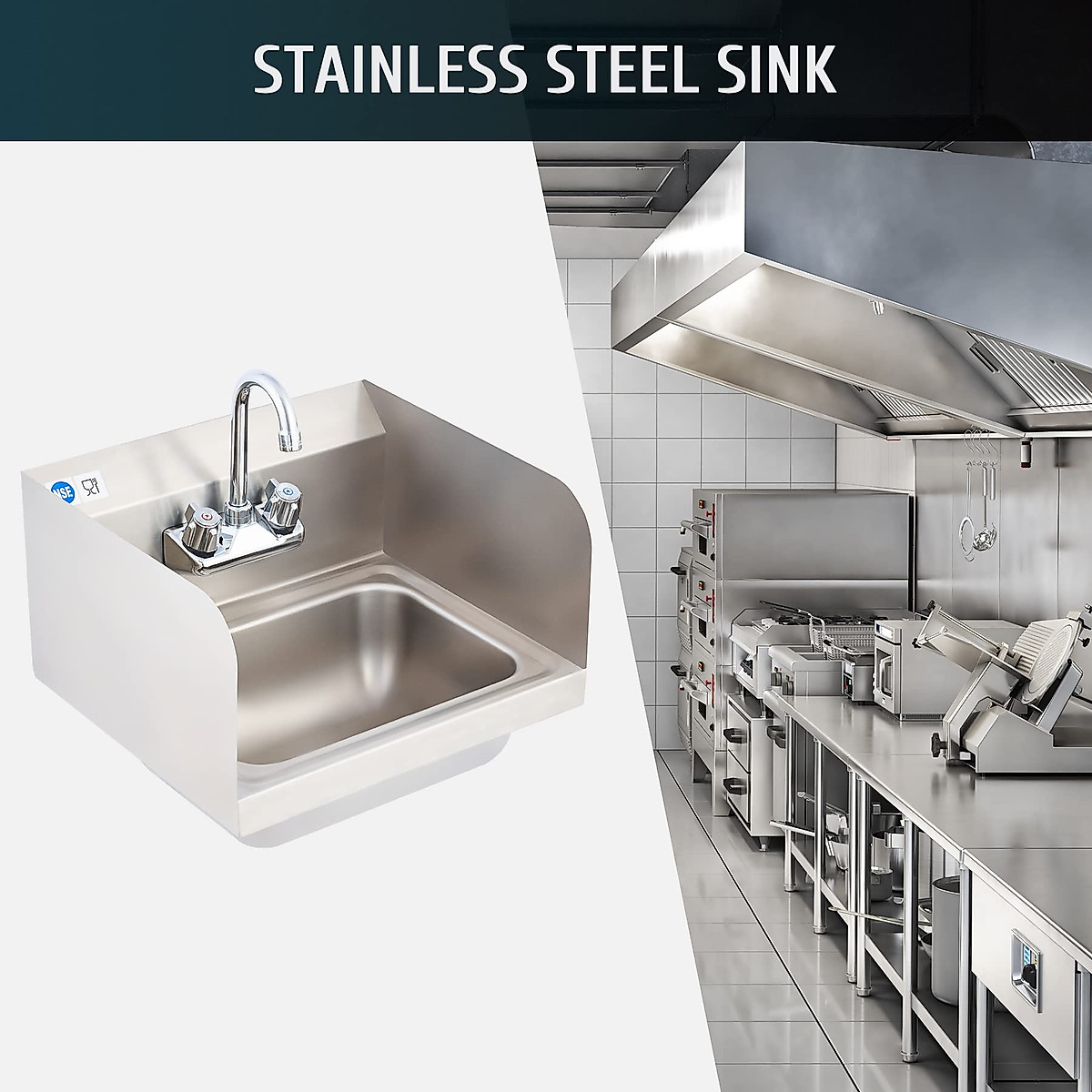 WILPREP Commercial Hand Wash Sink, NSF Stainless Steel Commercial Utility Sink with Gooseneck Faucet and Strainer, 17x15 Inch Wall Mount Kitchen Sink for Restaurant Bar RV Bathroom Laundry Room