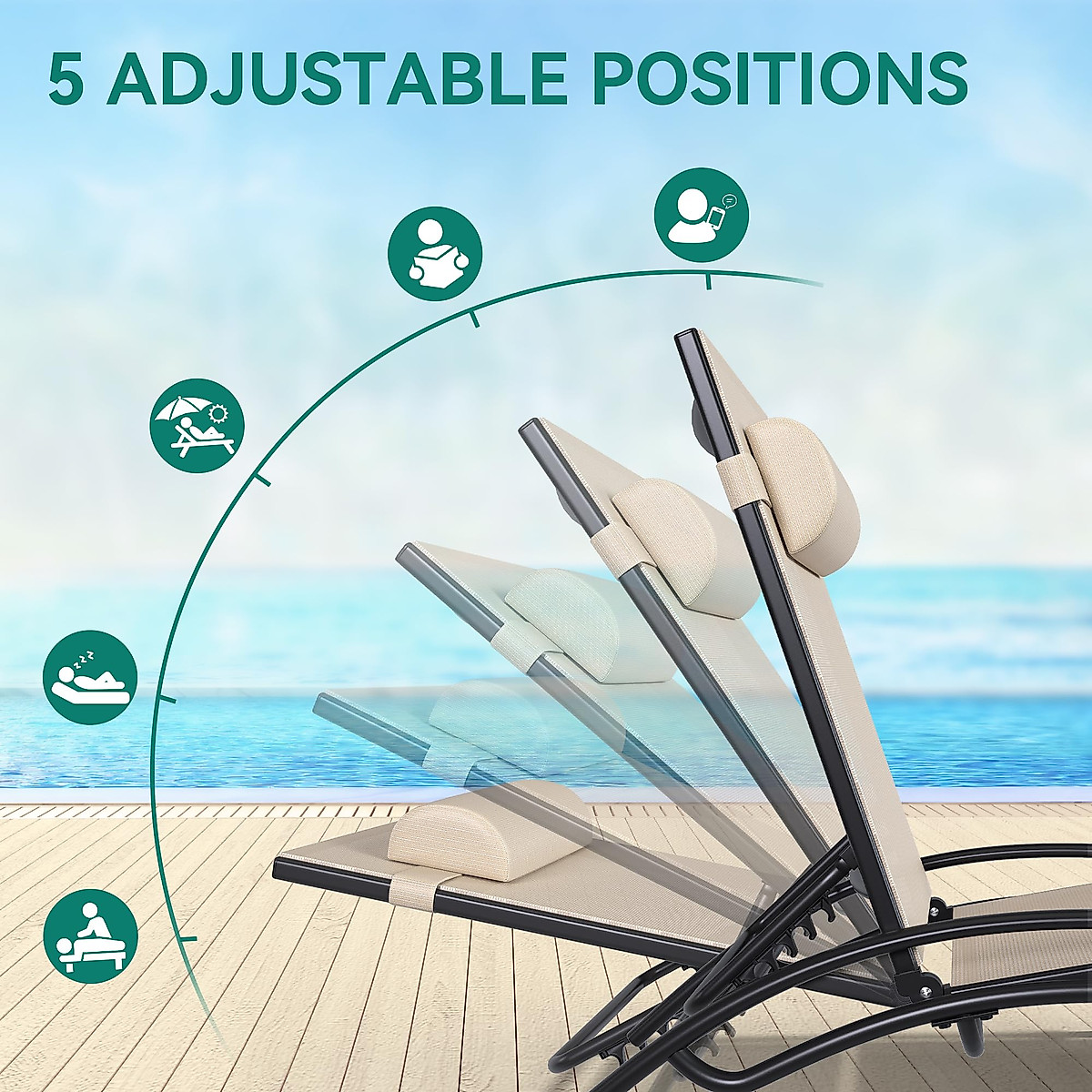 YITAHOME Outdoor Chaise Lounge Chair Set of 3, Pool Lounge Chairs with Side Table & 5-Position Adjustable Backrest, Sunbathing Recliner for Poolside, Backyard, Lawn, Deck - Khaki