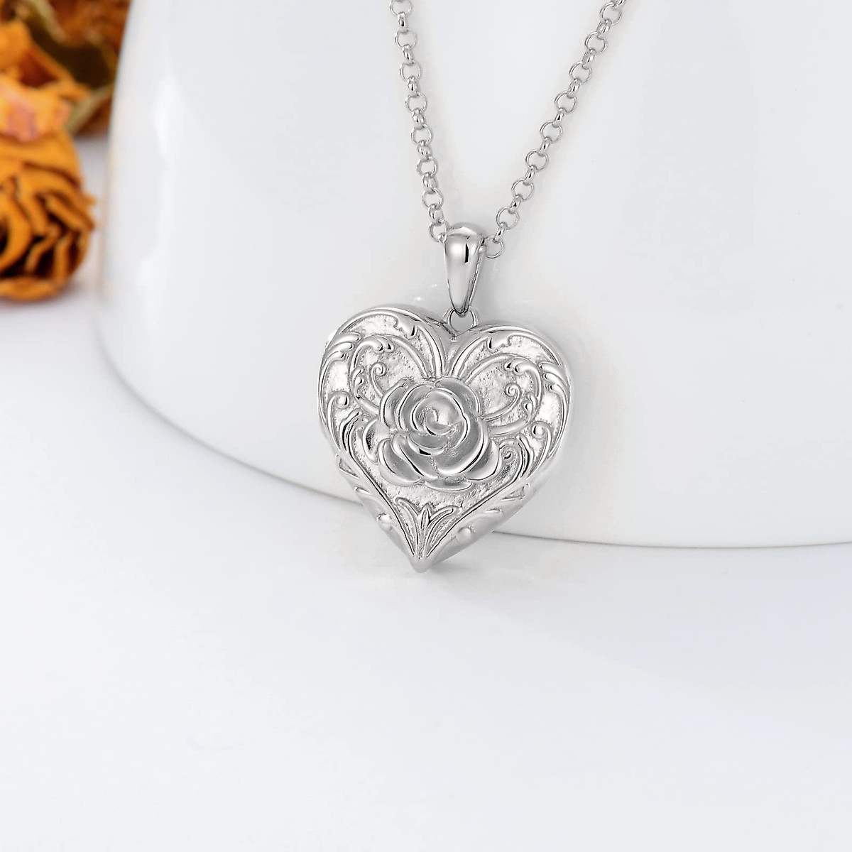 SOULMEET 18k White Gold Plated Silver Rose Locket Necklace That Holds 2 Pictures, 20" 10K White Gold Chain (Locket only)