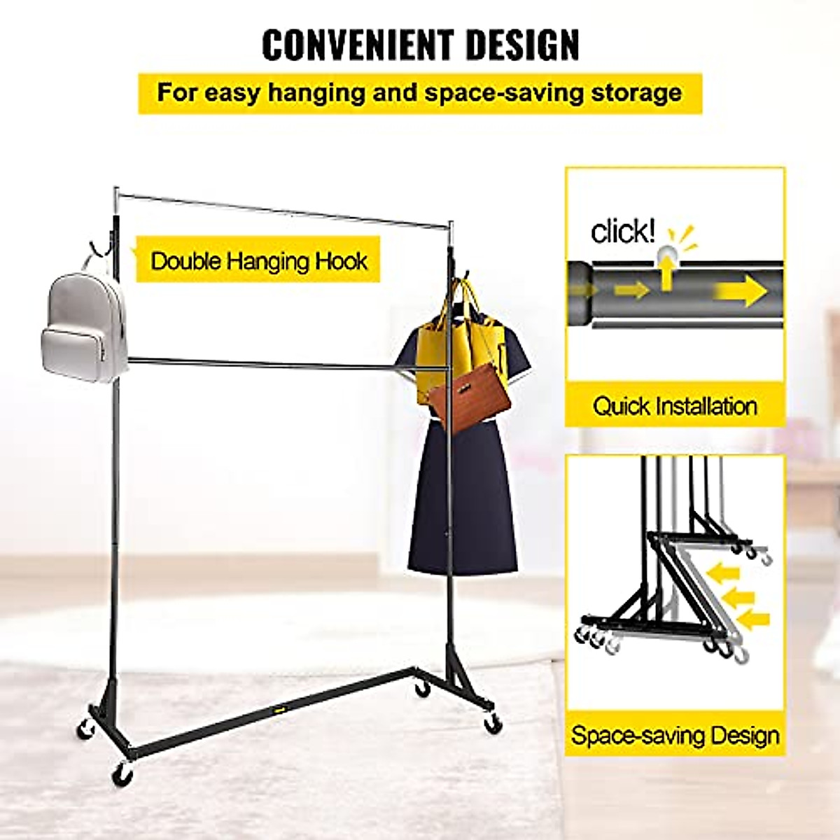 VEVOR Z Rack, 300 lbs Industrial Grade Z Base Garment Rack, 24" x 62" x 85" Height Adjustable Clothes Rack, Heavy Duty Clothing Rack w/ Lockable Casters for Home Store w/ Add-on Hang Rail Black