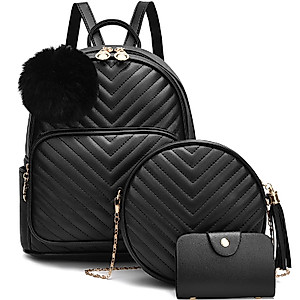 I IHAYNER Mini Backpack for Women 3-PCS Leather Backpack Purse Small Backpacks for Women Ladies Pompom Backpack Shoulder Bag Black