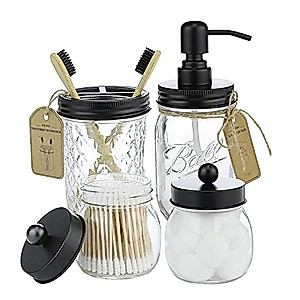 IMAVO Mason Jar Bathroom Accessories Set,4 Pcs Gift Set - Liquid Hand Soap Dispenser, Toothbrush Holder, 2 Cotton Ball Jar, Farmhouse Decor Bathroom Set(Black)