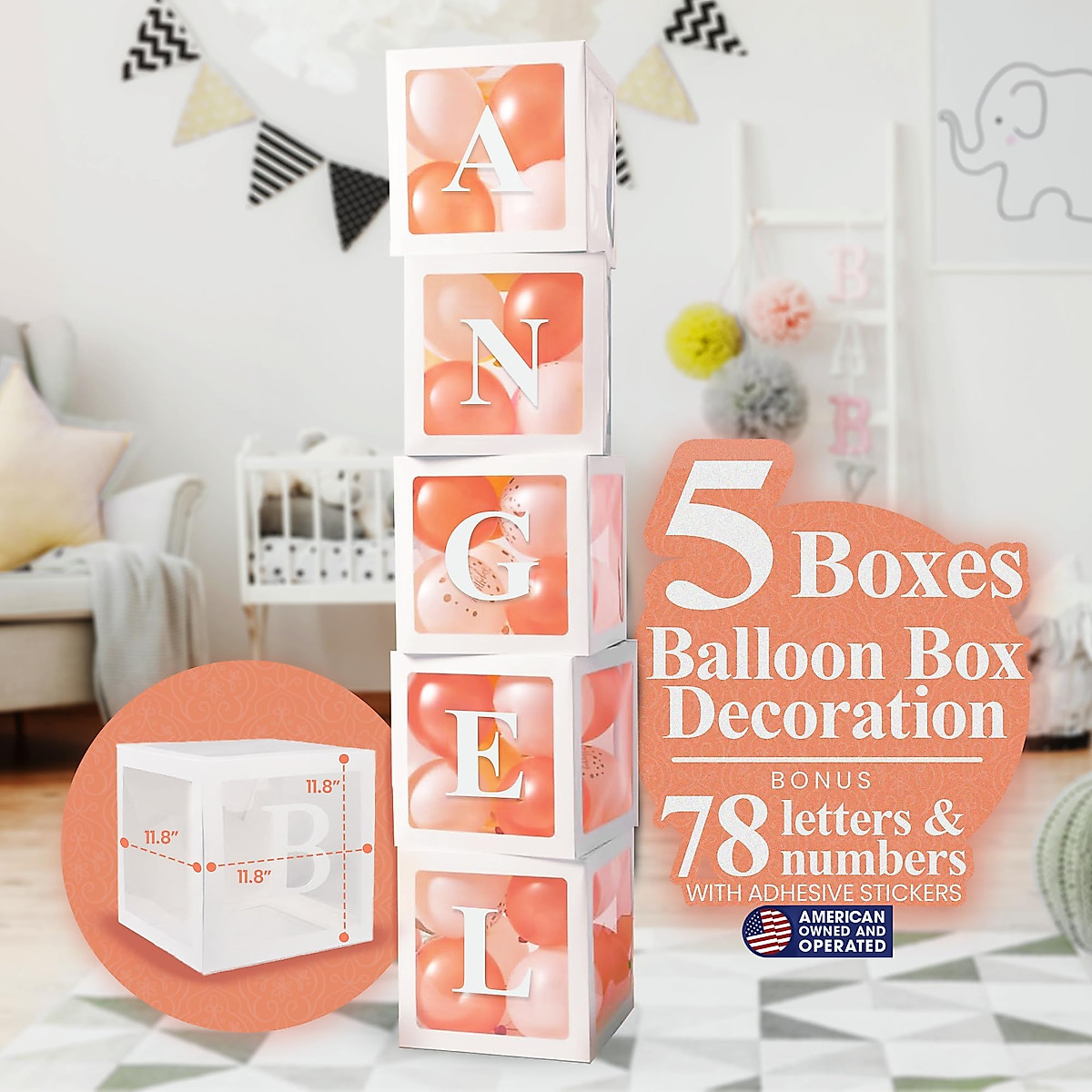 Balloon Box Decorations (5 White Boxes) | 52 Letters (2-Sets of A-Z) for Custom NAME, Birthday Party, Baby Shower Decor, Gender Reveal Decorative Blocks