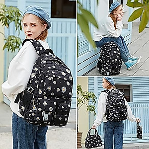 Classic Diamond Daisy Backpack for School Backpack for Girls Backpack with Lunch Box Bookbag Set Kids Backpacks for Teen Girls (Black)