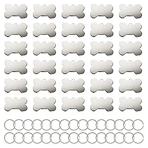 30 Pcs Pet ID Tag Bone Shape 38MM Blank Personalized Aluminium Pendants Tag Dog Cat Pet Name Phone Number ID Tag Charm with Key Ring for Dogs Cats