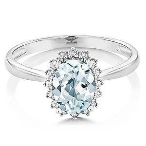 Gem Stone King 10K White Gold Sky Blue Aquamarine and Diamond Halo Engagement Ring For Women (1.25 Cttw, Oval 8X6MM, Size 9)