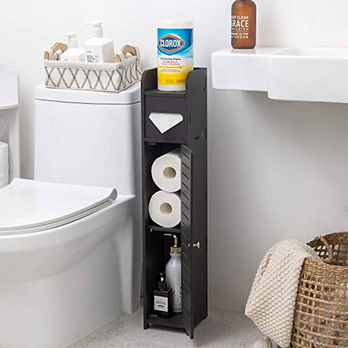 Toilet Paper Holder Storage,Toilet Paper Stand Fit for Small Spaces,Narrow Bathroom Cabinet with Small Storage Basket Great for Tiny Room,2 Bundle Black by AOJEZOR