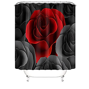 Red Rose Flowers Shower Curtain Set with Non-Slip Rugs and Toilet Lid Cover Floral Theme Fabric Shower Curtain Bathroom Decor with Hooks Waterproof Washable 72" x 72''