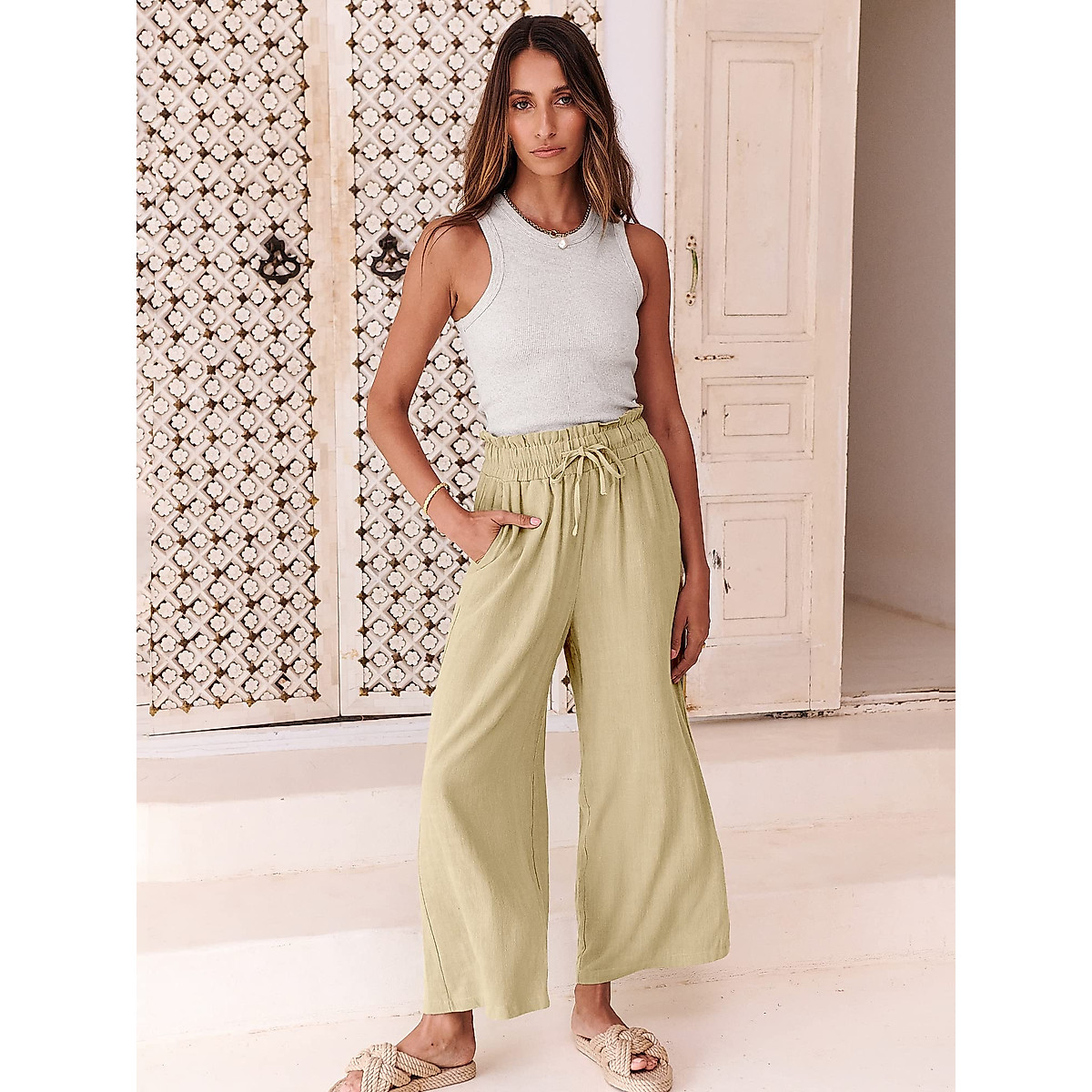 ANRABESS Women Linen Pants Casual Loose High Waist Boho Wide Leg Cropped Palazzo Beach Pants Summer Outfits 2025 Trendy X-Large Apricot