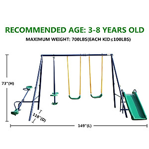 Zolyndo Metal Swing Sets for Backyard with Swing Seats, Slider, Teeter-Totter, and Swing Glider, Swingset Outdoor for Kids 3-8 with Heavy Duty A-Frame Blue (5 in 1)