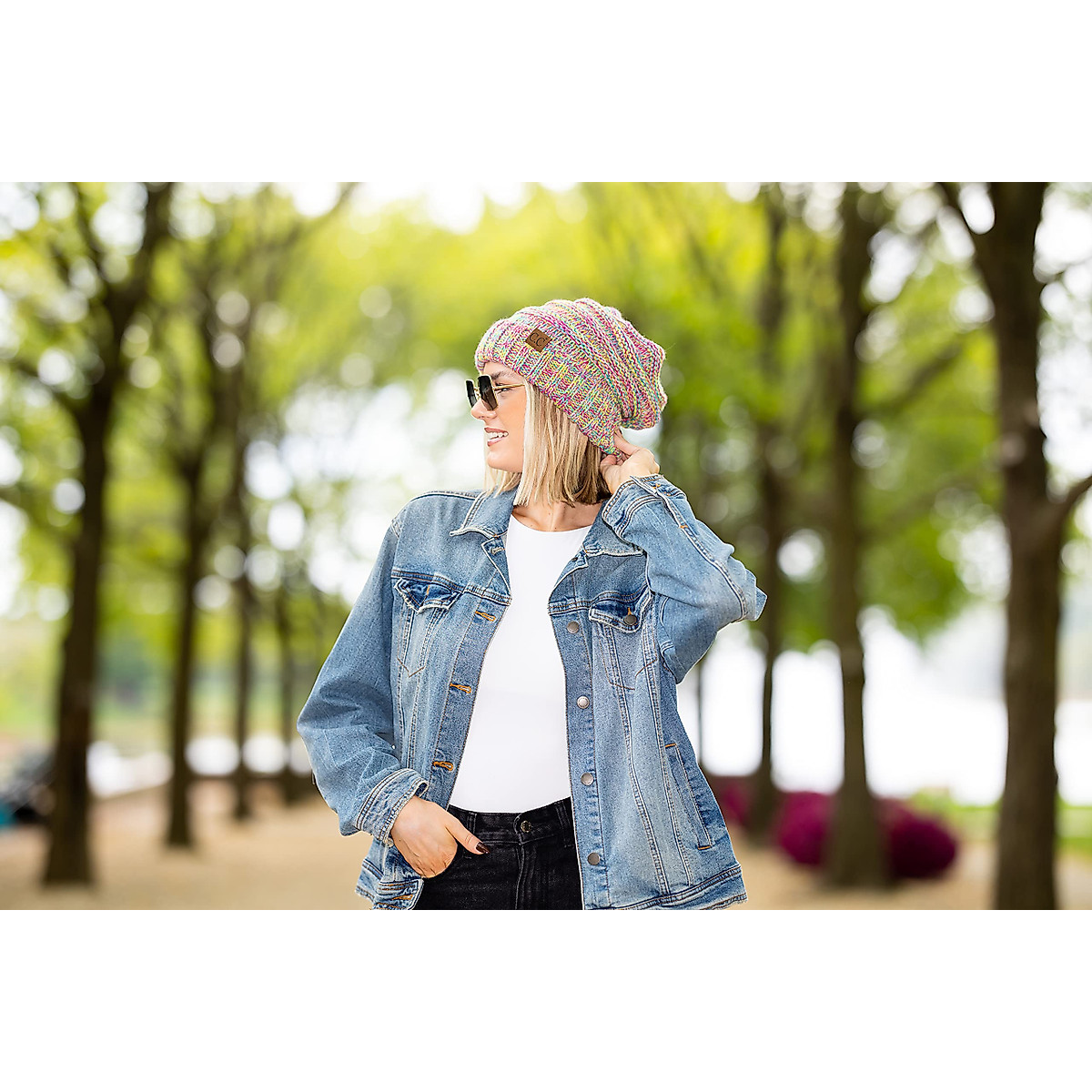 Funky Junque Oversized Slouchy Beanie for Women - Soft Warm Chunky Cable Knit Hat, One Size, Four-Tone Mix (Yellow, Hot Pink, Turquoise, Pink)