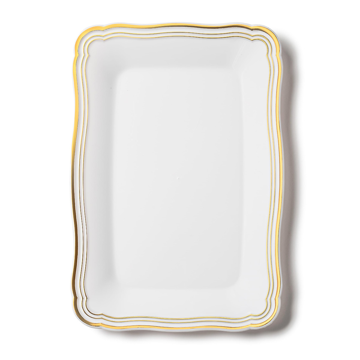 Posh Setting Plastic Serving Tray White Plastic Tray with Gold Rim Border, Disposable Serving Trays Heavyweight Serving platters and Trays 9"x13" Appetizer Tray [6 Pack]
