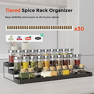 INVOCOO Expandable Spice Rack Organizer for Cabinet - 3 Tier Adjustable Cabinet Spice Organizer Easy Visibility - Spice Organizer for Cabinet Countertop Cupboard Pantry Organization (Black)