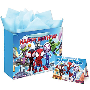 ZEZGERS Spidey Gift Bag for Happy Birthday with Handle, Tissue Paper and Card for Baby Shower,Classroom,Birthday Party Decorations Supplies