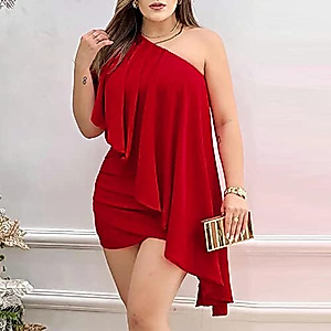 WSHEMV Petite Dresses for Women, Heart Dress Vestidos para Embarazadas Women's Long Spring Dresses Sexy Women's One Shoulder Sleeveless Ruched Asymmetrical Party Cocktail Mini Dress (XXL, Red)