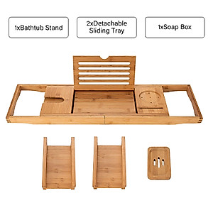 HBlife Bamboo Bathtub Caddy Tray with Extending Sides & Laptop Desk with Foldable Legs,Cellphone Tray and Wineglass Holder，Free Soap Holder (Natural)