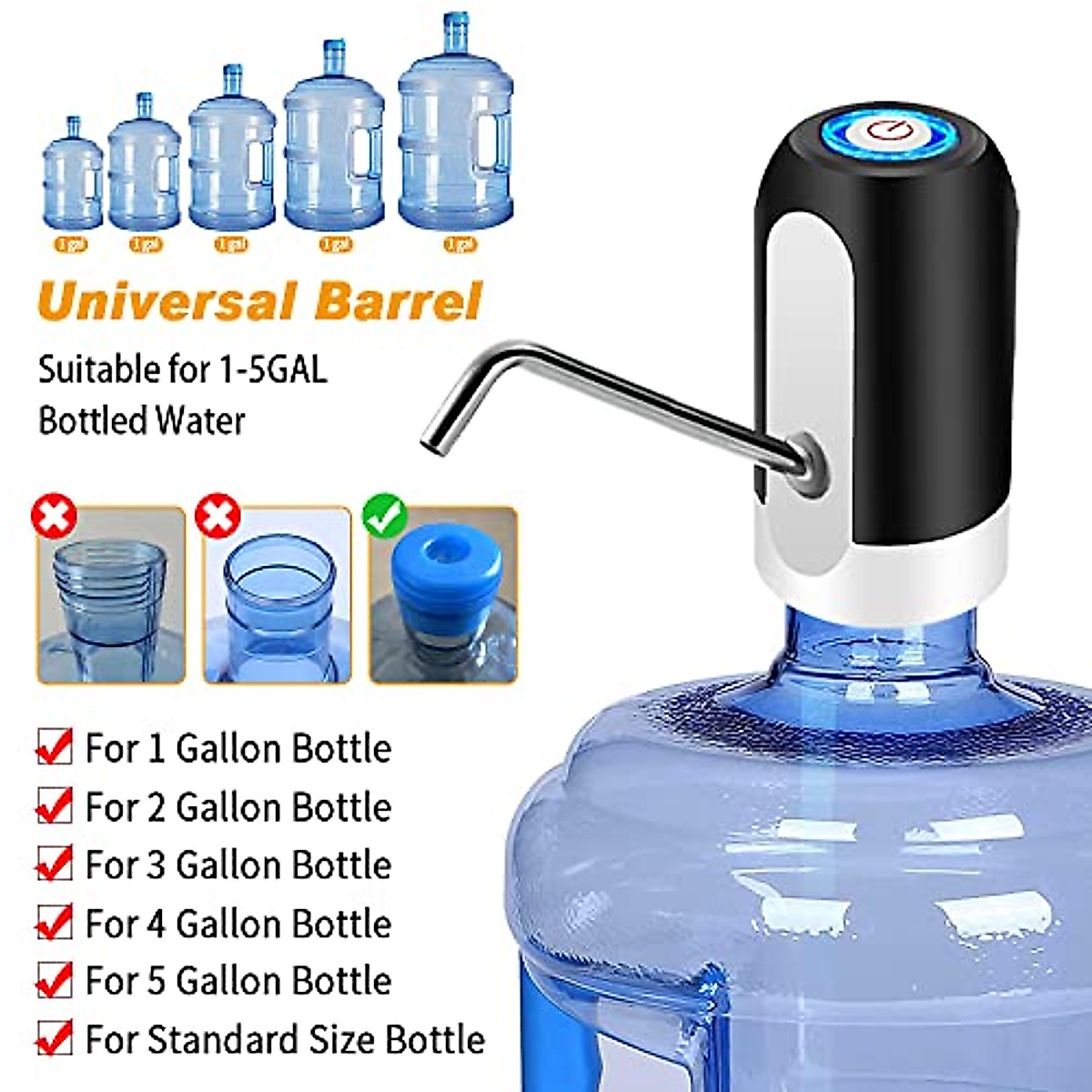 Water Bottle Pump 5 Gallon,USB Charging Automatic Water Dispenser,Portable Electric Drinking Water Pump with Rechargeable Batteries,for Home Kitchen Office Camping(Black)