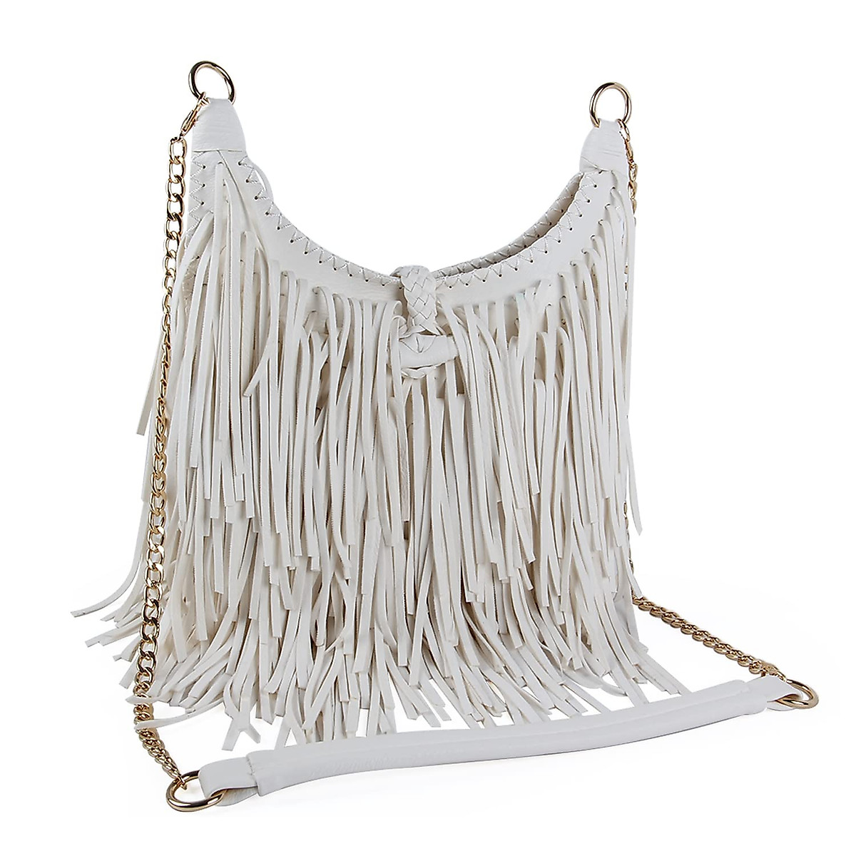 LUI SUI Women's Fringed Faux Suede Leather Cross Body Bag Chain Shoulder Bag Tassel Handbag (White)