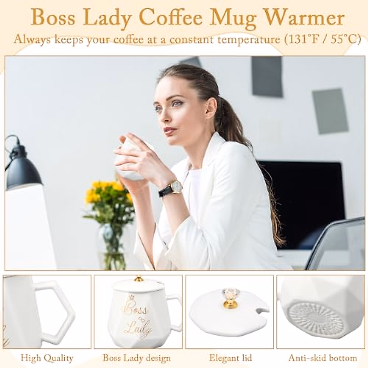 Hushee Lady Coffee Mug Warmer for Women 13.5 Oz Cup Warmer with Mug Set Electric Tea Water Warmer Appreciation Cup Heater with Lid Spoon and Coaster for Desk Office Home Birthday Gifts (White)