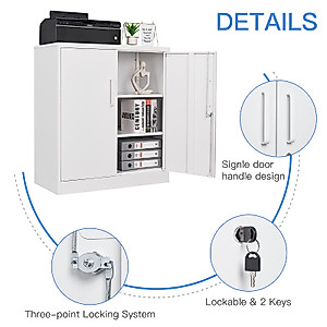 Yizosh Metal Garage Storage Cabinet with 2 Doors and 2 Adjustable Shelves - 35.5" Steel Lockable File Cabinet,Locking Counter Cabinet for Home Office,Garage,Gym,School (White)