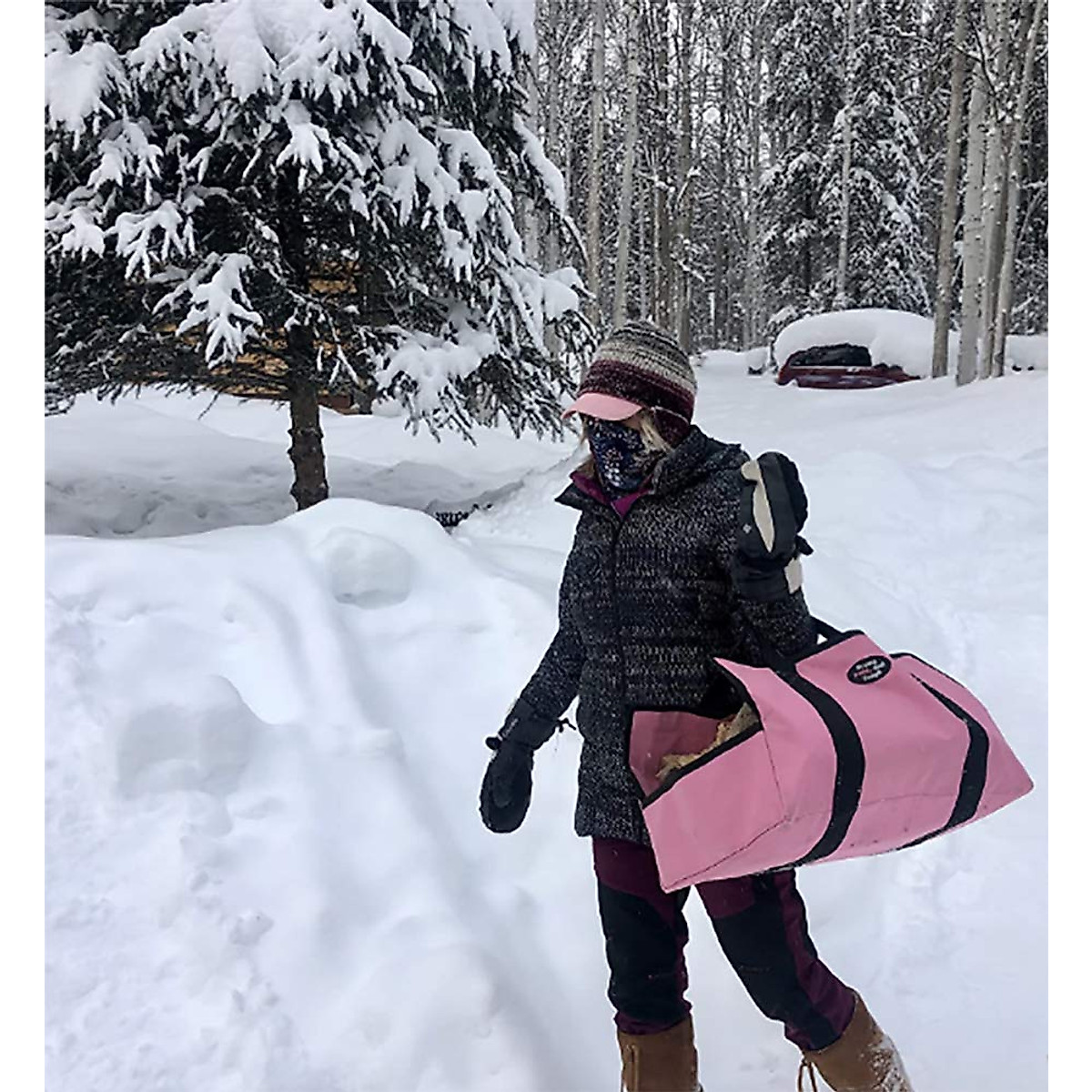 Firewood Tote Bag - Oxford Fabric Log Carrier with Handles & Heavy Duty Straps - Large Durable Wood Holder with Wide Opening - Wood Stove & Fireplace Accessories - 21 x 13 x 12 Inch, Pink